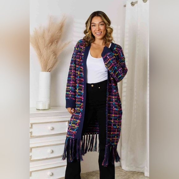 Sweaters | Bold Retro Knit Colorful Fringe Hem Longline Duster Sweater ...